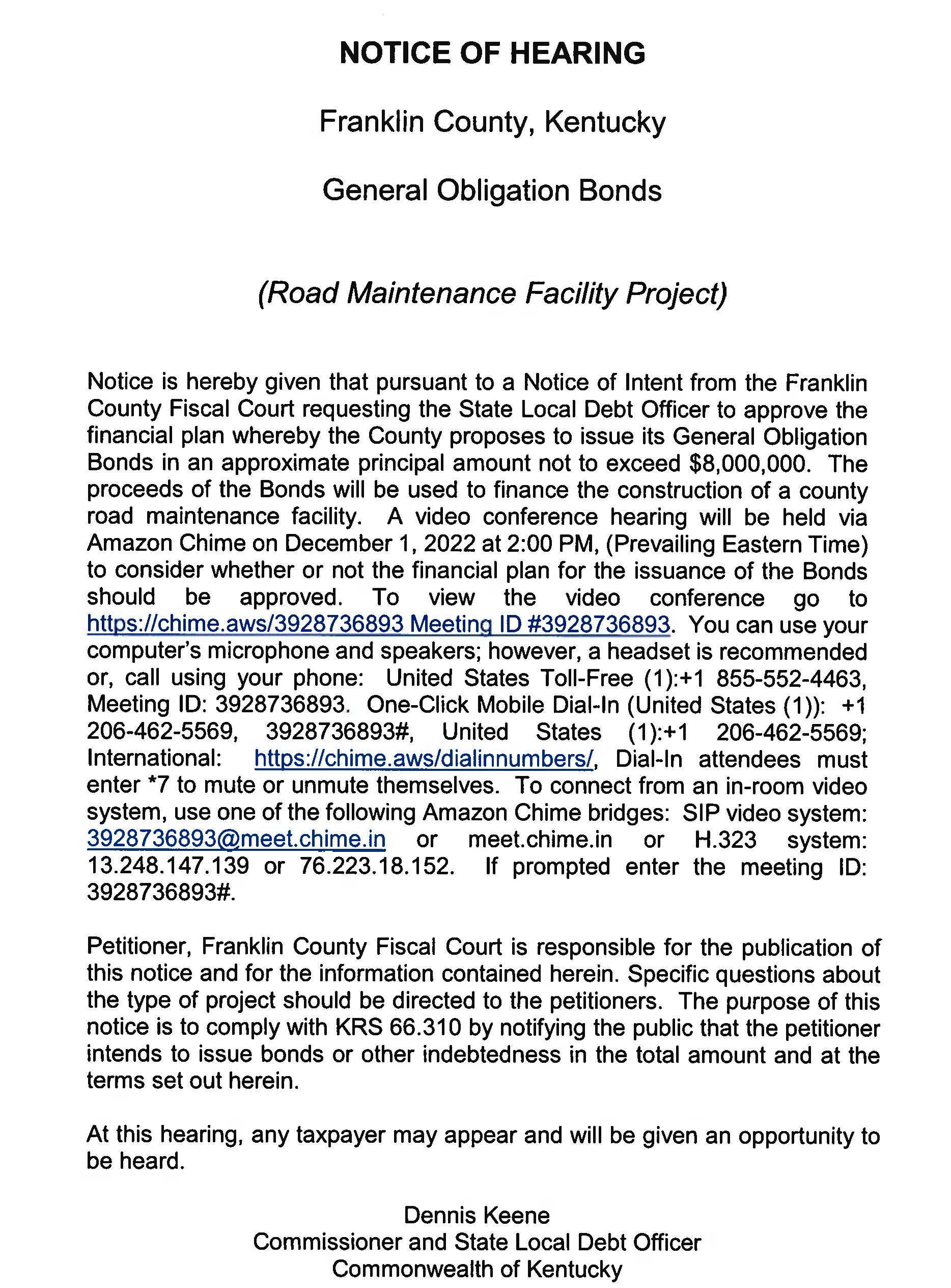 PUBLIC HEARING NOTICE Franklin County PUBLIC HEARING NOTICE Franklin County